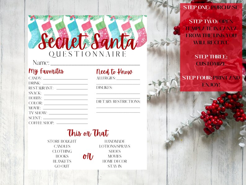 Secret Santa Questionnaire, Secret Santa Printable Question, Santa ...