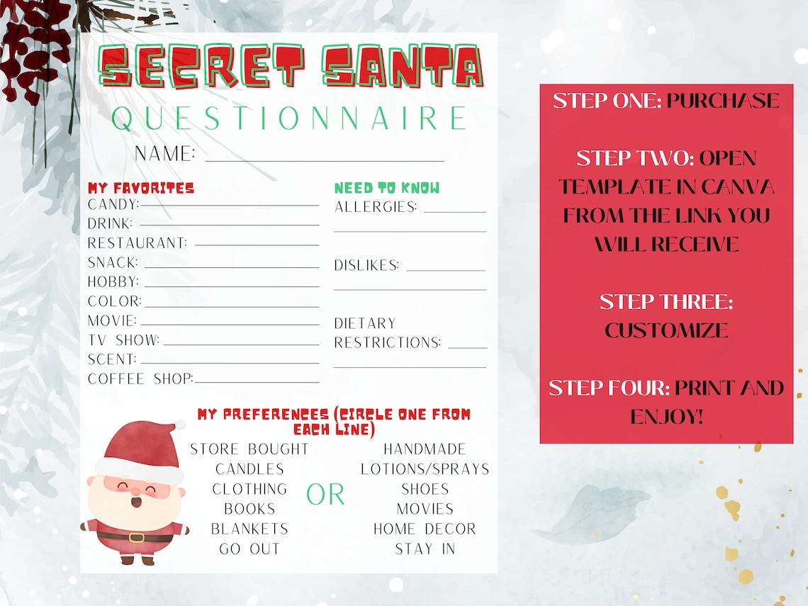 Secret Santa Questionnaire Template, Editable Secret Santa Preferences ...