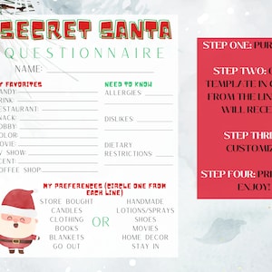 Secret Santa Questionnaire Template, Editable Secret Santa Preferences ...