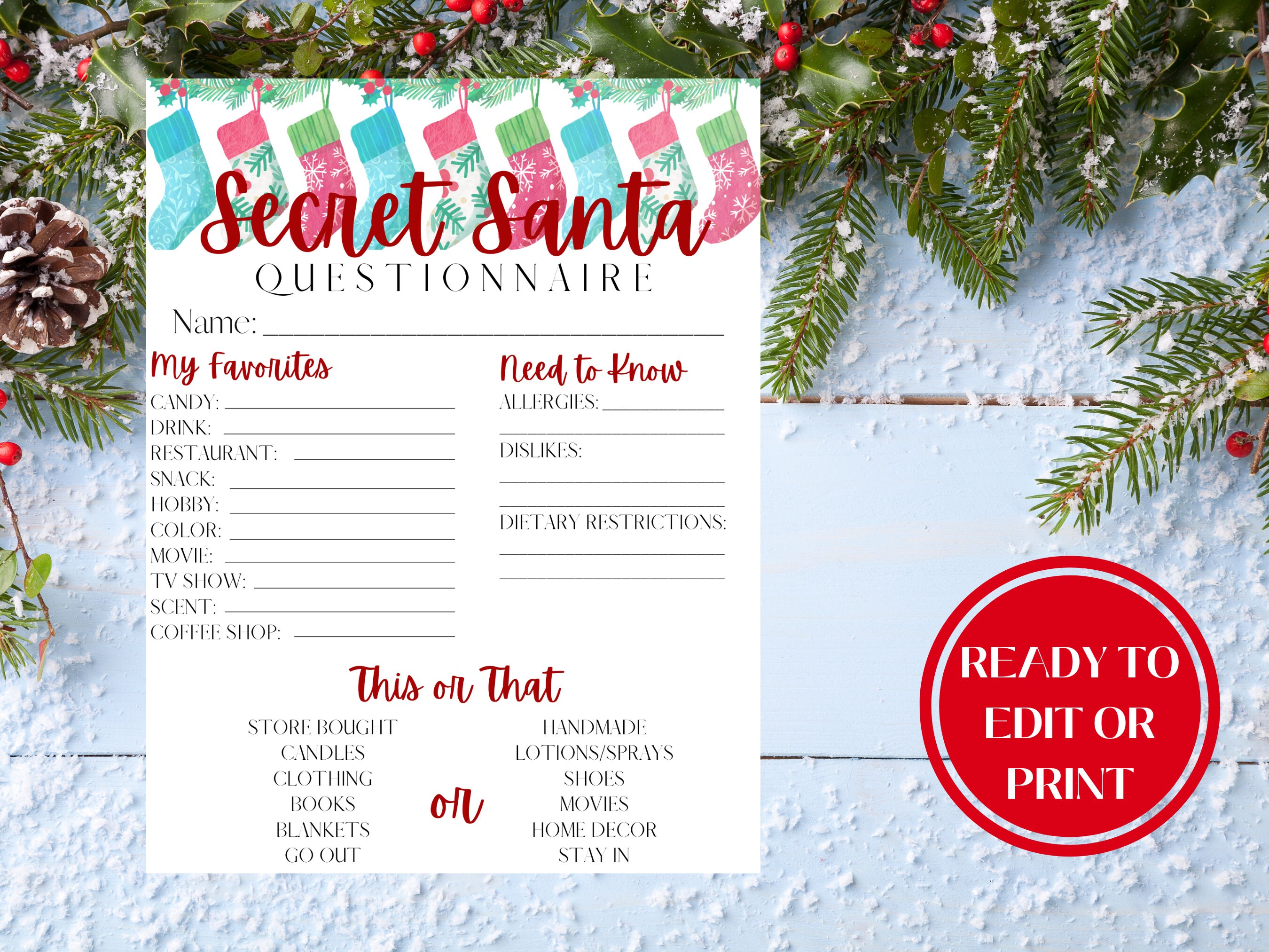 Secret Santa Questionnaire, Secret Santa Printable Question, Santa ...