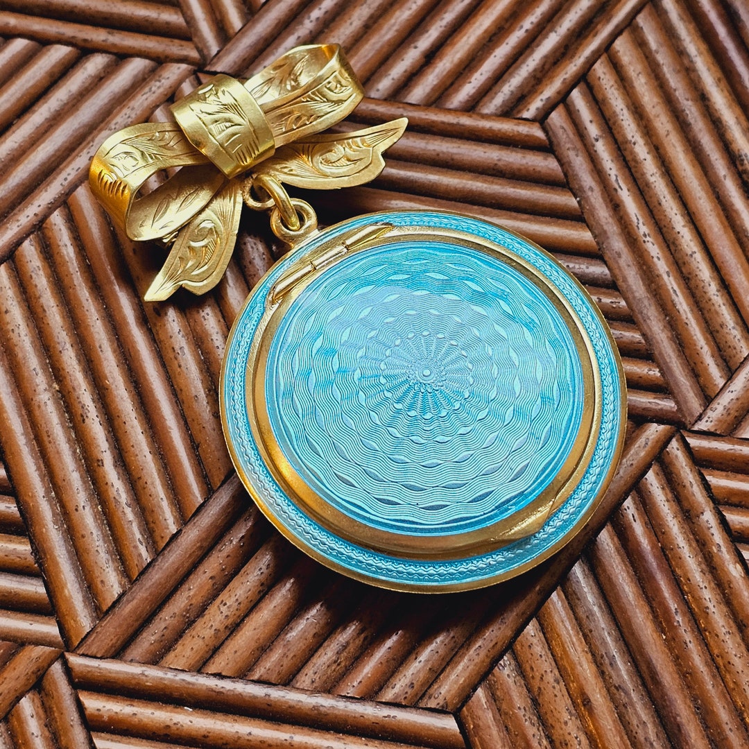 1920s Blue Guilloche Silver & Enamel Powder Compact Pendant Brooch ...