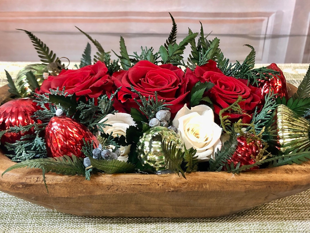 Preserved Red Rose Centerpiece: Juniper & Vintage Glass Ornaments ...