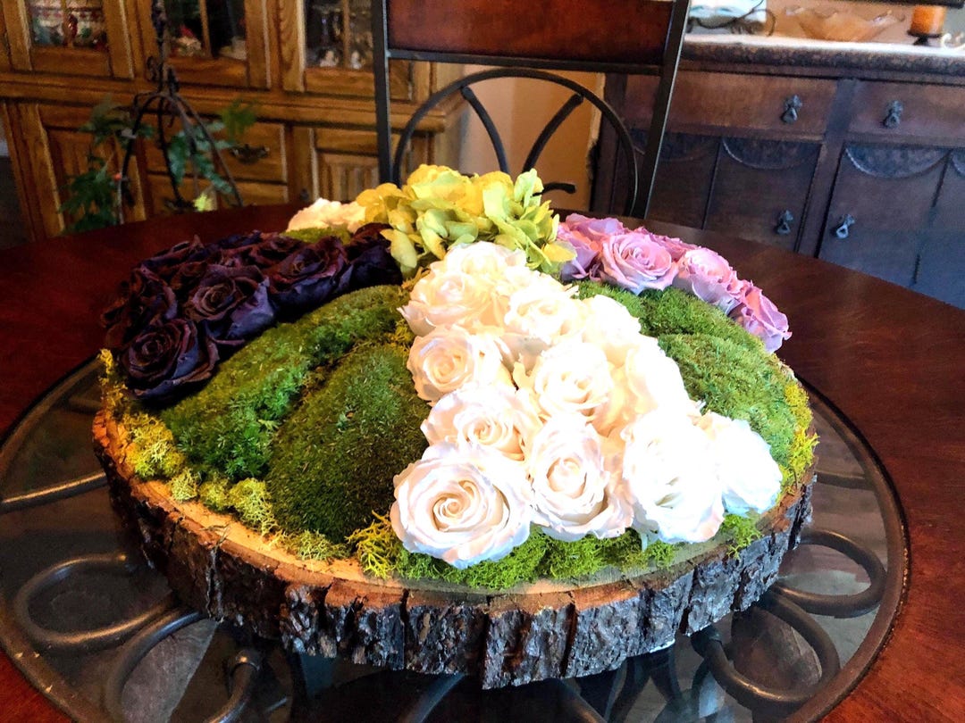 Live Edge Centerpiece With Preserved Real Roses & Hydrangea, Preserved ...