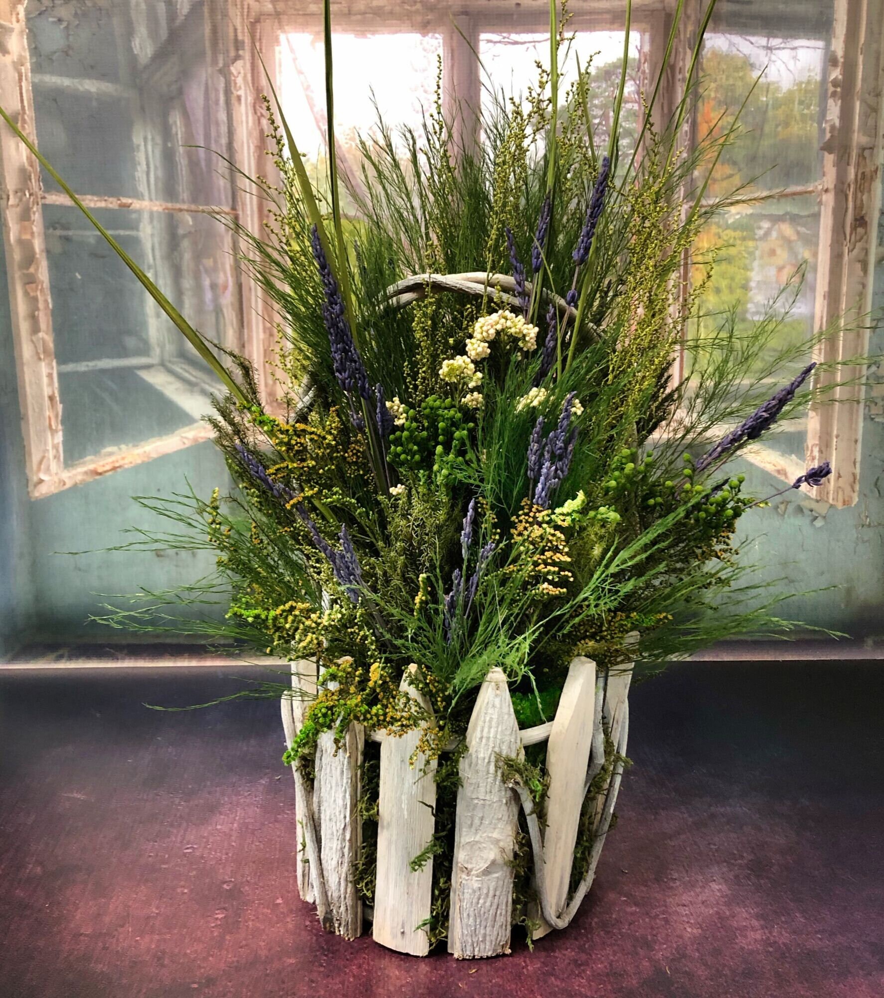 Sweet Meadows Arrangement, WW Wood Picket Base, Real Preserved Lavender ...