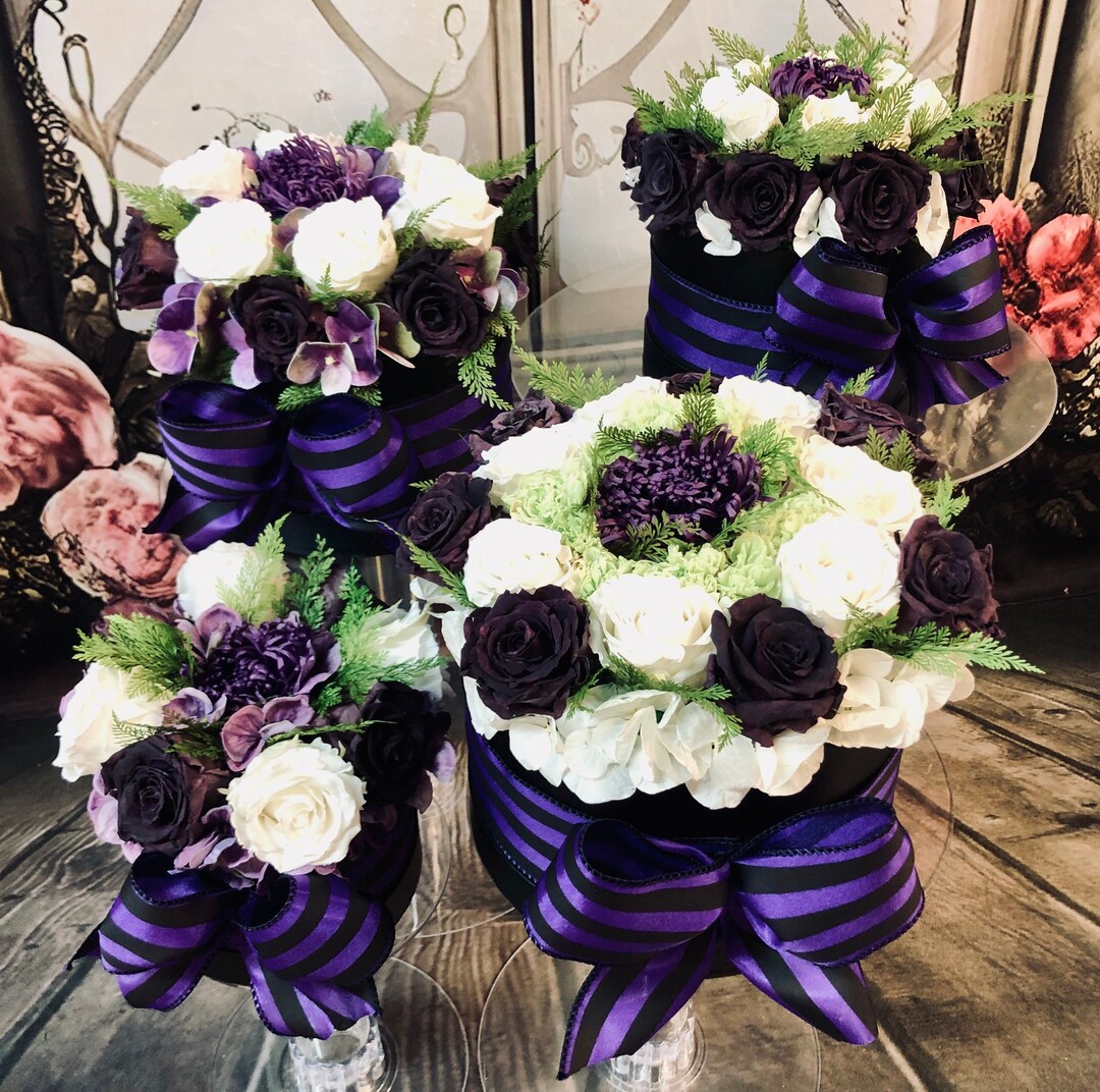 Preserved Floral Arrangement: Purple Mum & Roses in Black Hatbox ...