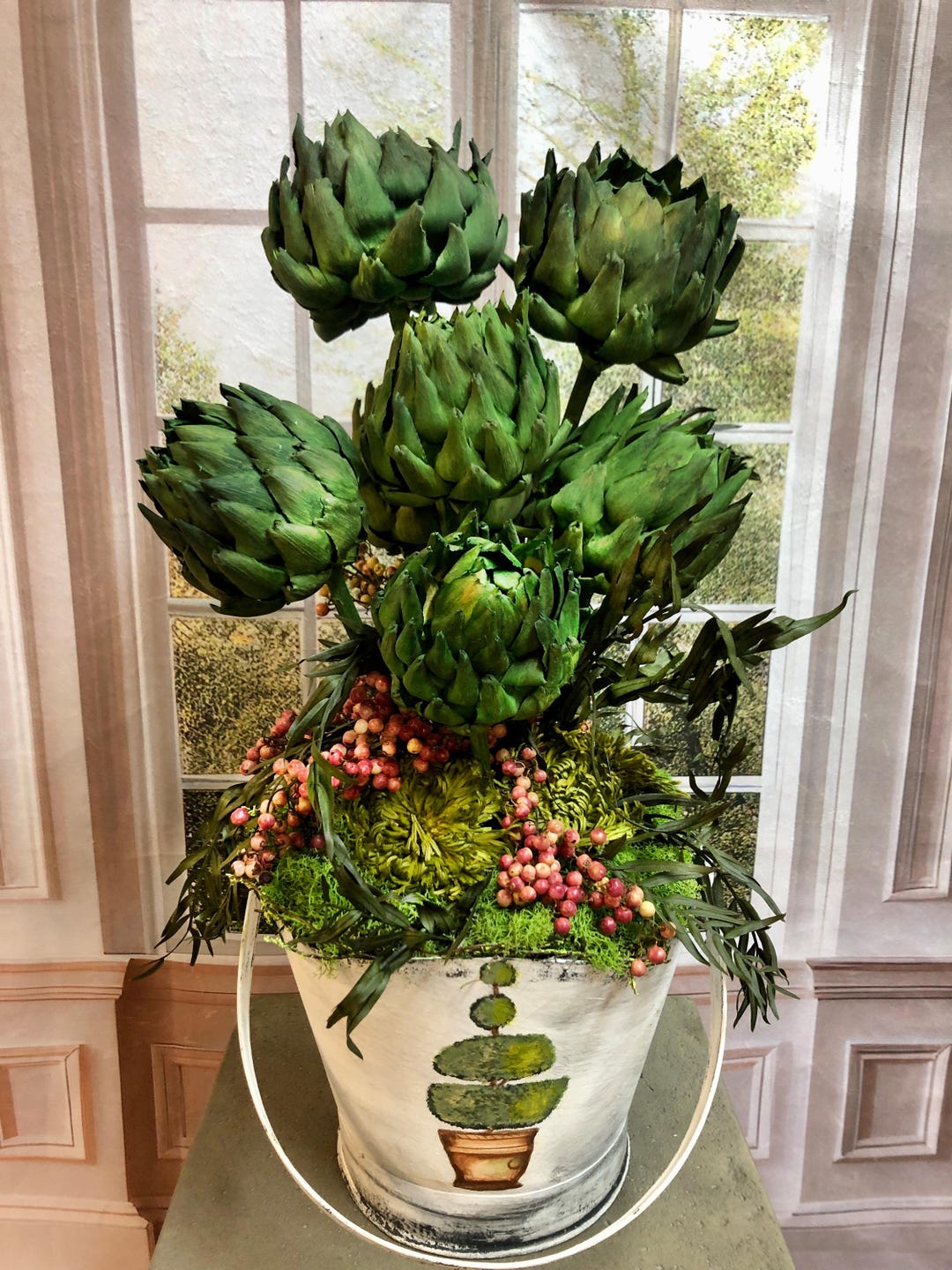 Dried Flower Arrangement in Distressed Tin Pail , Dried Artichokes ...