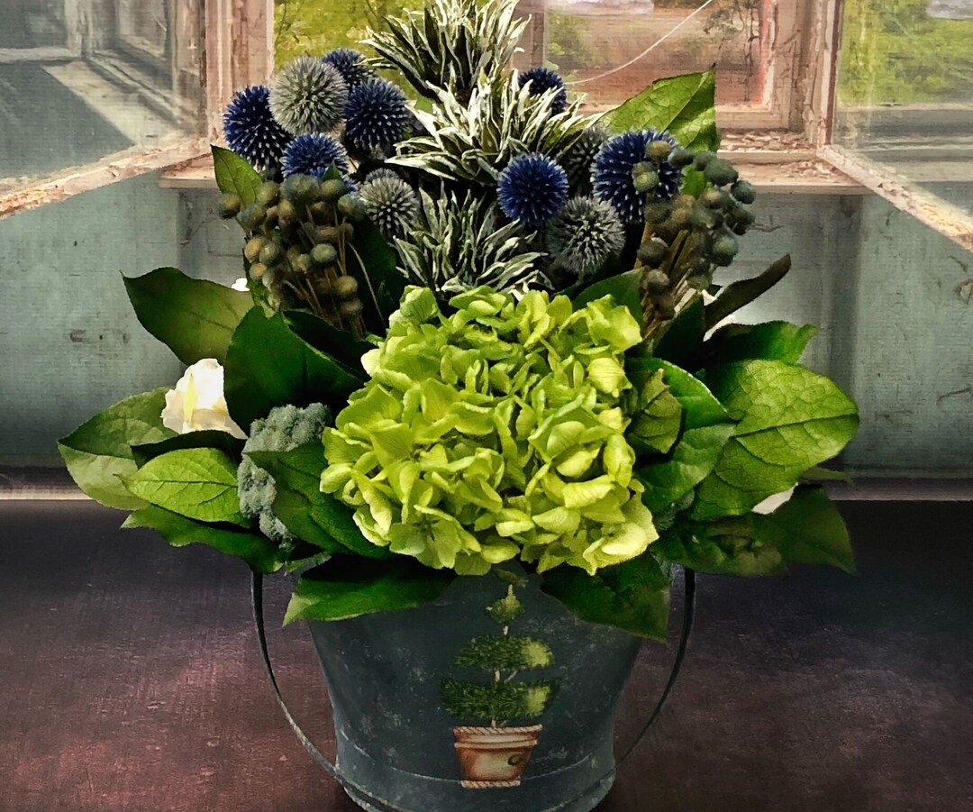 Blue Distressed Tin Pail With Topiary Design Filled With Preserved Real ...