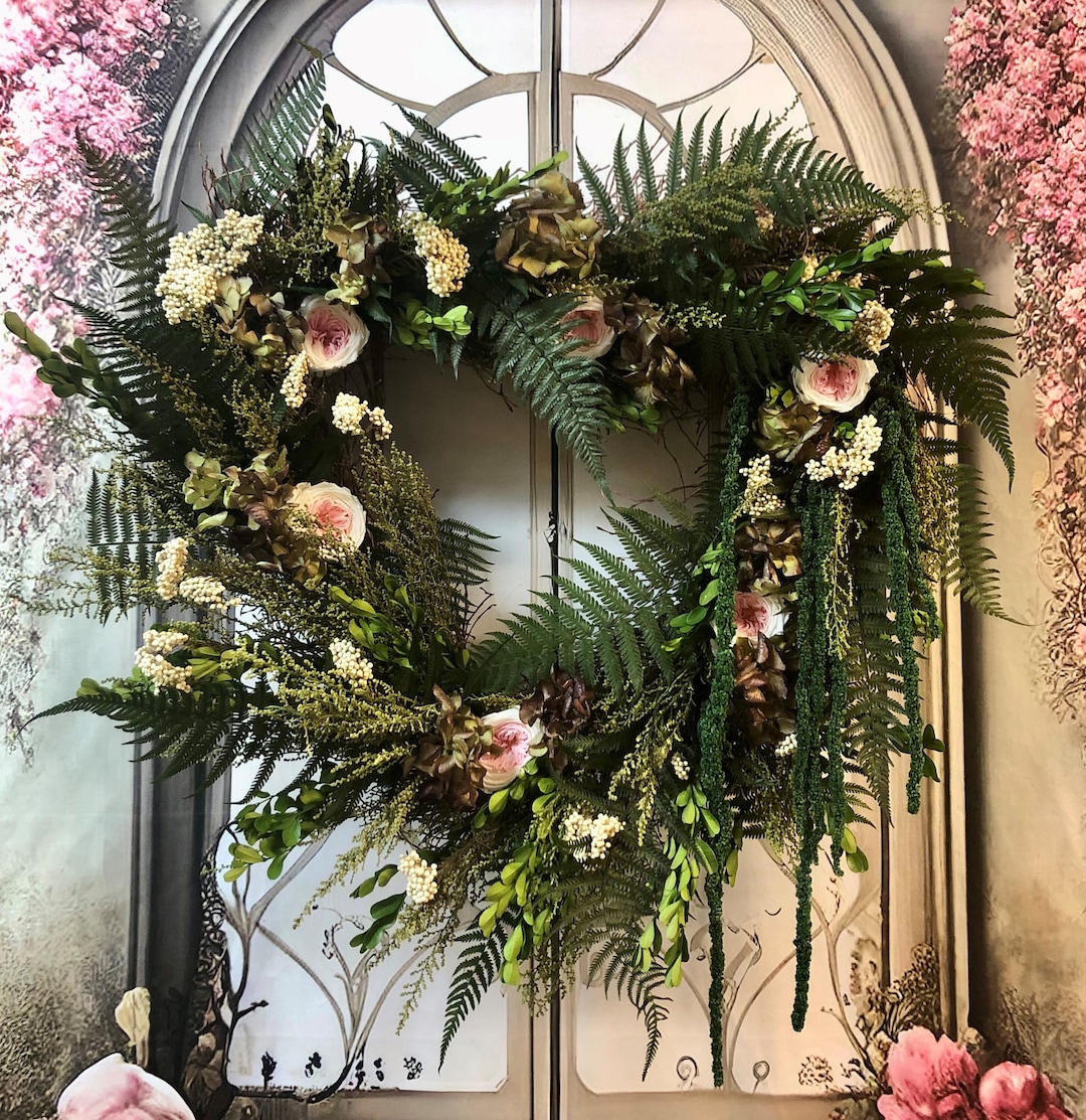 XL Secret Garden Heart Wreath, Preserved Real Garden Roses, Amaranthus ...