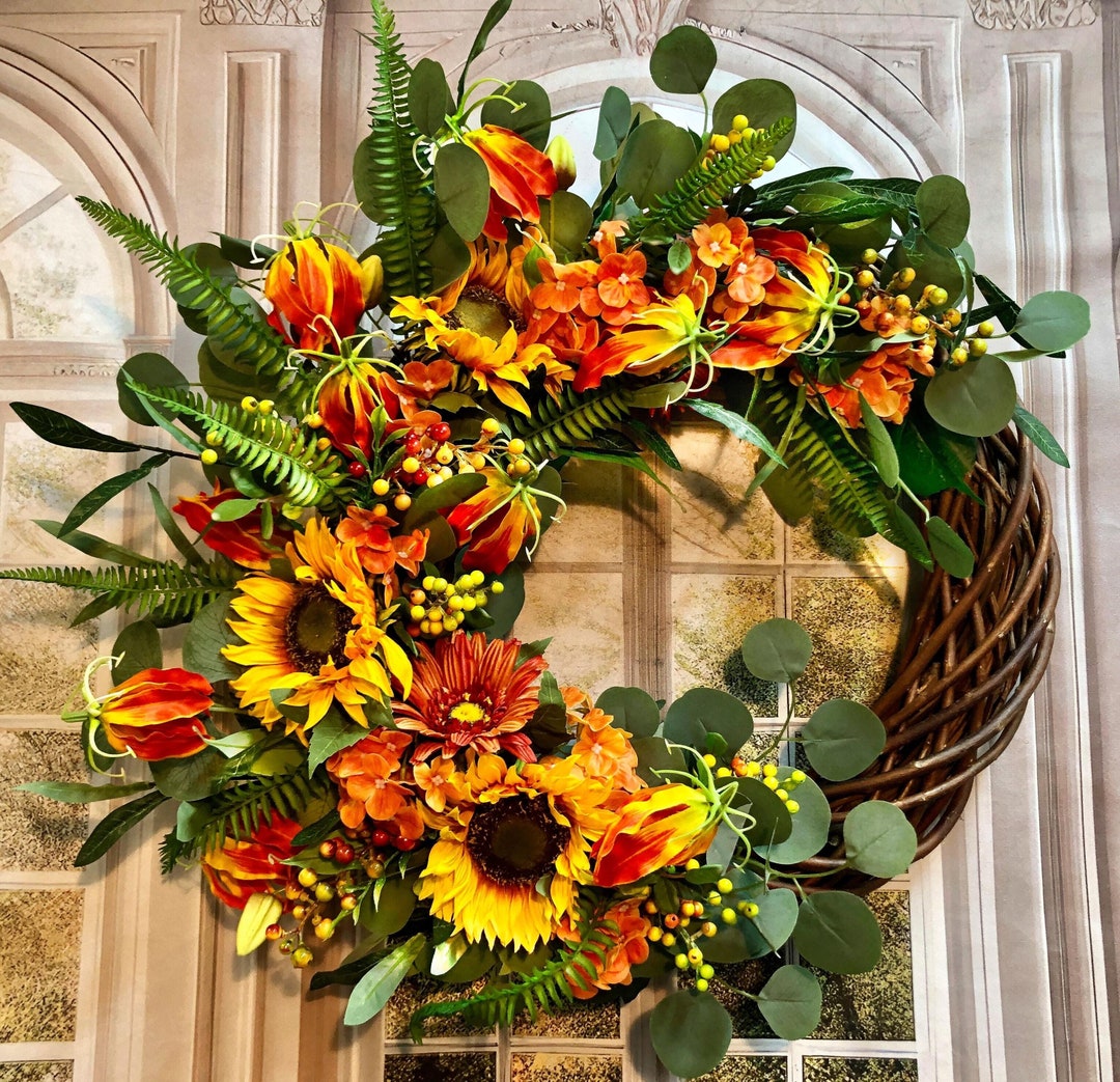 Gloriosa Lily Flower Wreath for Front Door, Tropical Garden Wreath ...