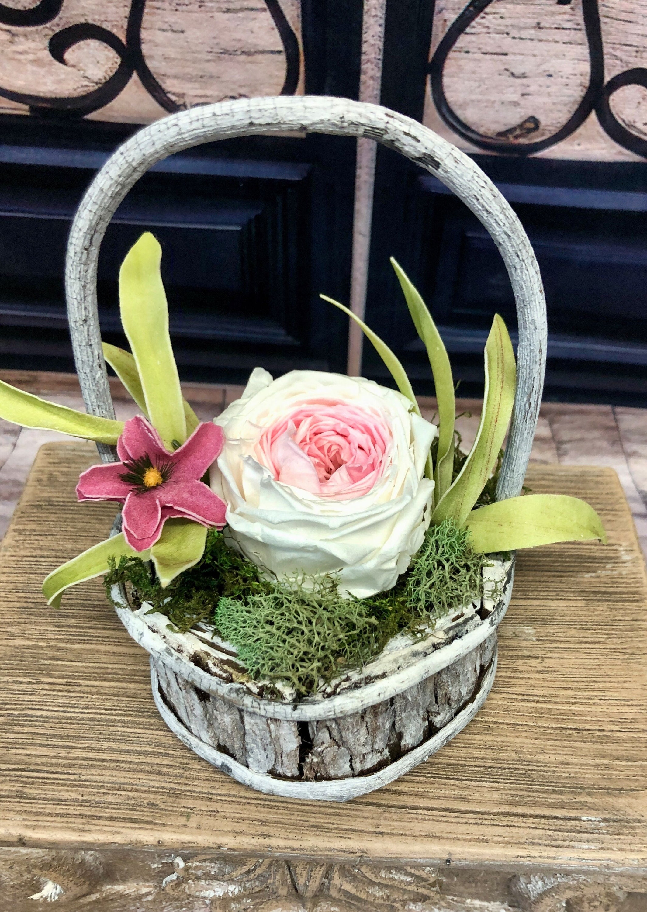 Small Bark Basket Preserved Real Rose Arrangement, Pink Yellow White ...