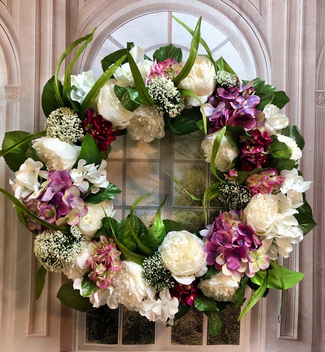 Peony Wreath for Front Door, Elegant White Peonies and Shades of Rose ...