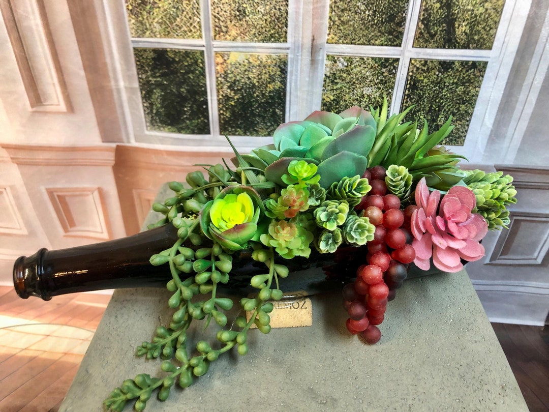 Premium Faux Succulent and Grape Cluster Arrangement in a Recycled Wine ...
