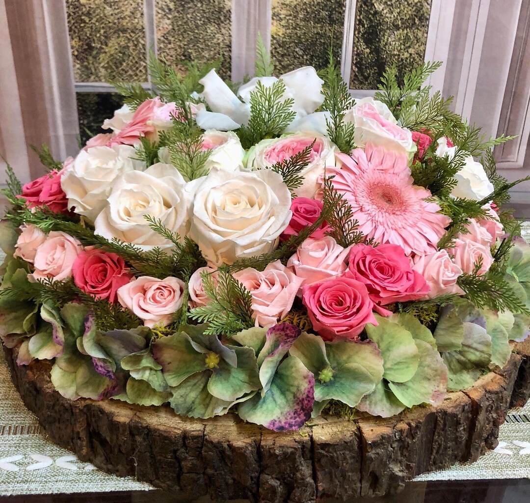 Romantic Rose Arrangement, Round Live Edge Centerpiece, Preserved Real ...