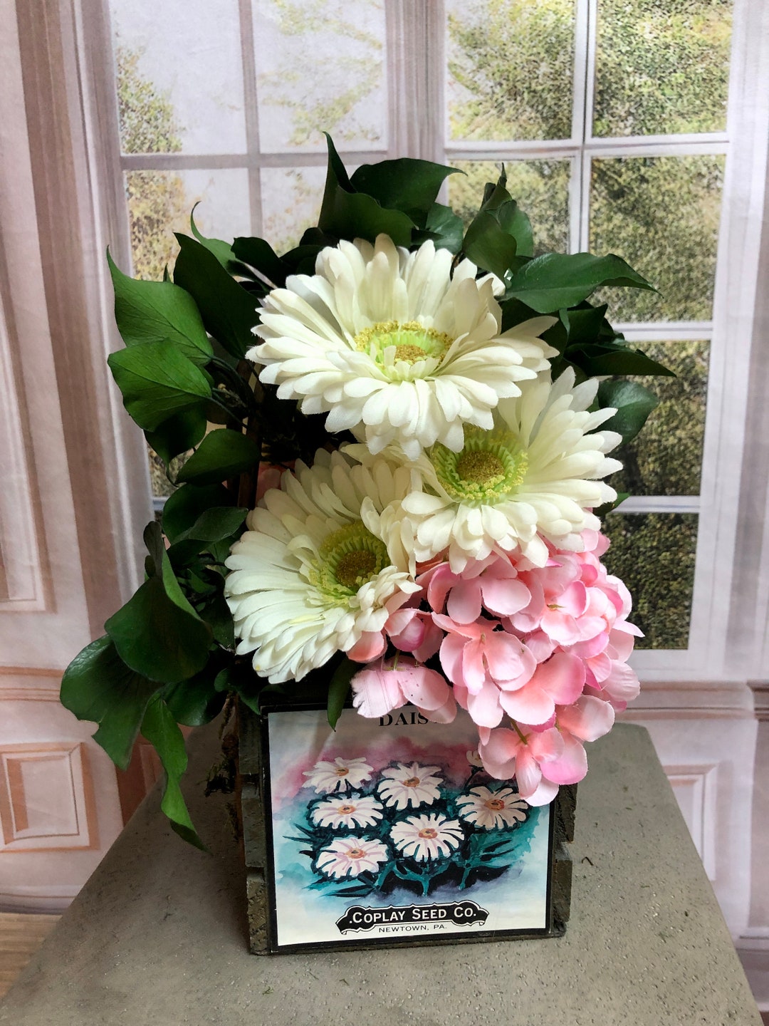 Summer Faux Gerber Daisy Bouquet Arrangement, Green Wood Basket With ...