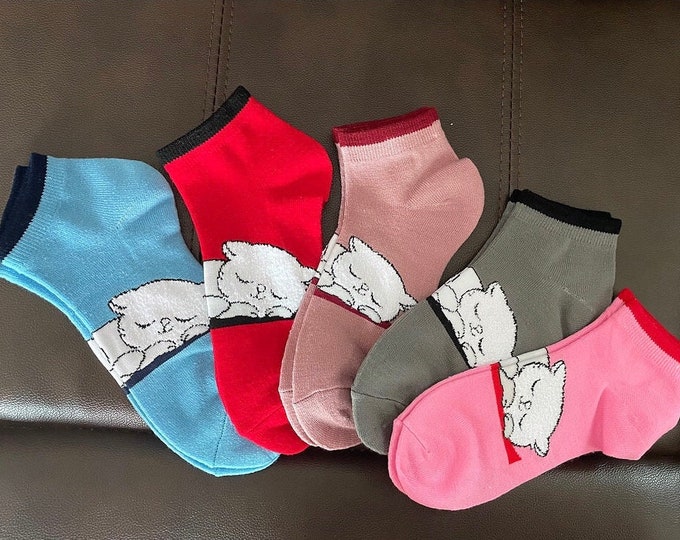 Adorable Ladies Cat Socks Cat Themed Ankle Socks Cat Lover Socks Bright ...
