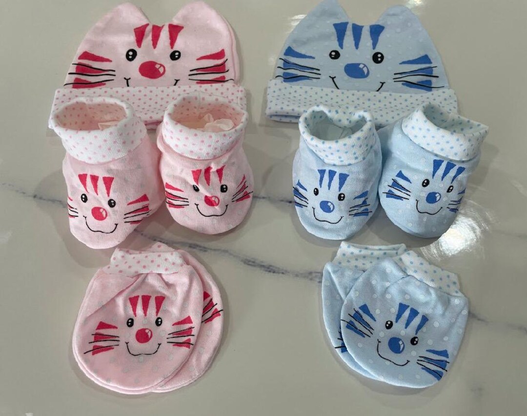 Cat Themed 100% Cotton Baby Booties, Cap, and Mitten Set 0-3 Months - Etsy