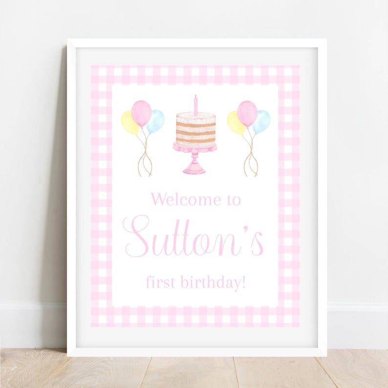 Watercolor Girl Birthday Party Welcome Sign Pink Gingham | Digital ...