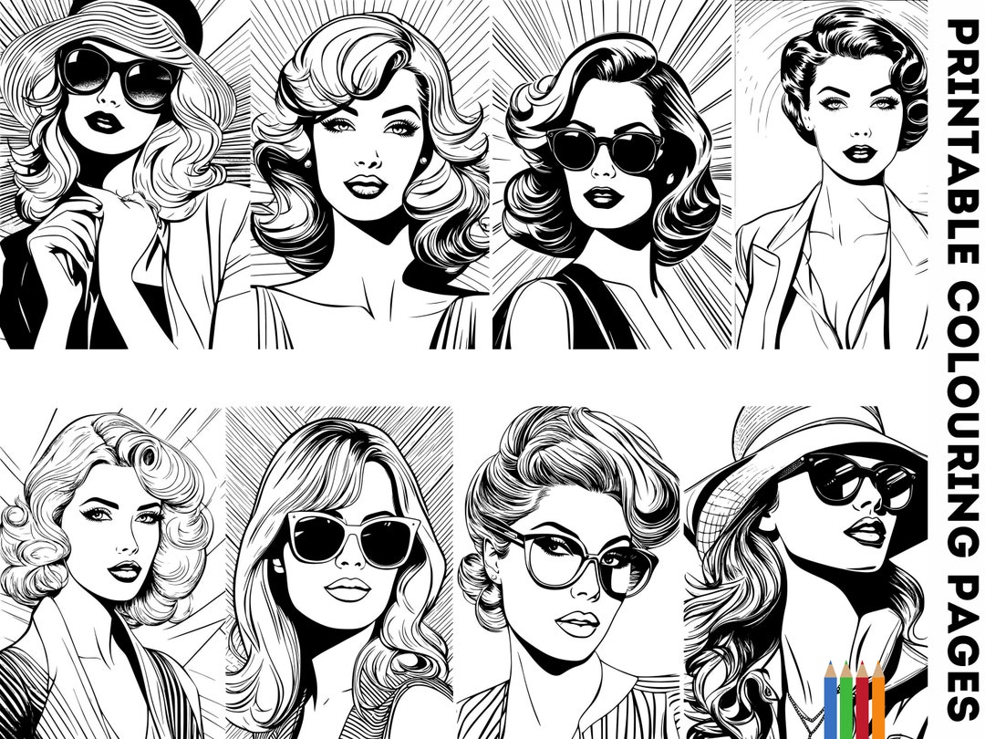 Retro Vintage Comic Illustration Beautiful Women, Printable Colouring ...