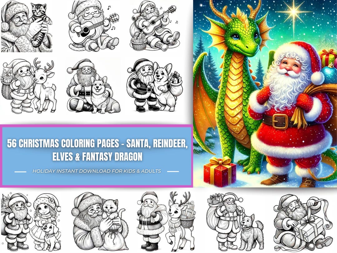 56 Christmas Coloring Pages Santa, Reindeer, Elves Dragons | Holiday ...