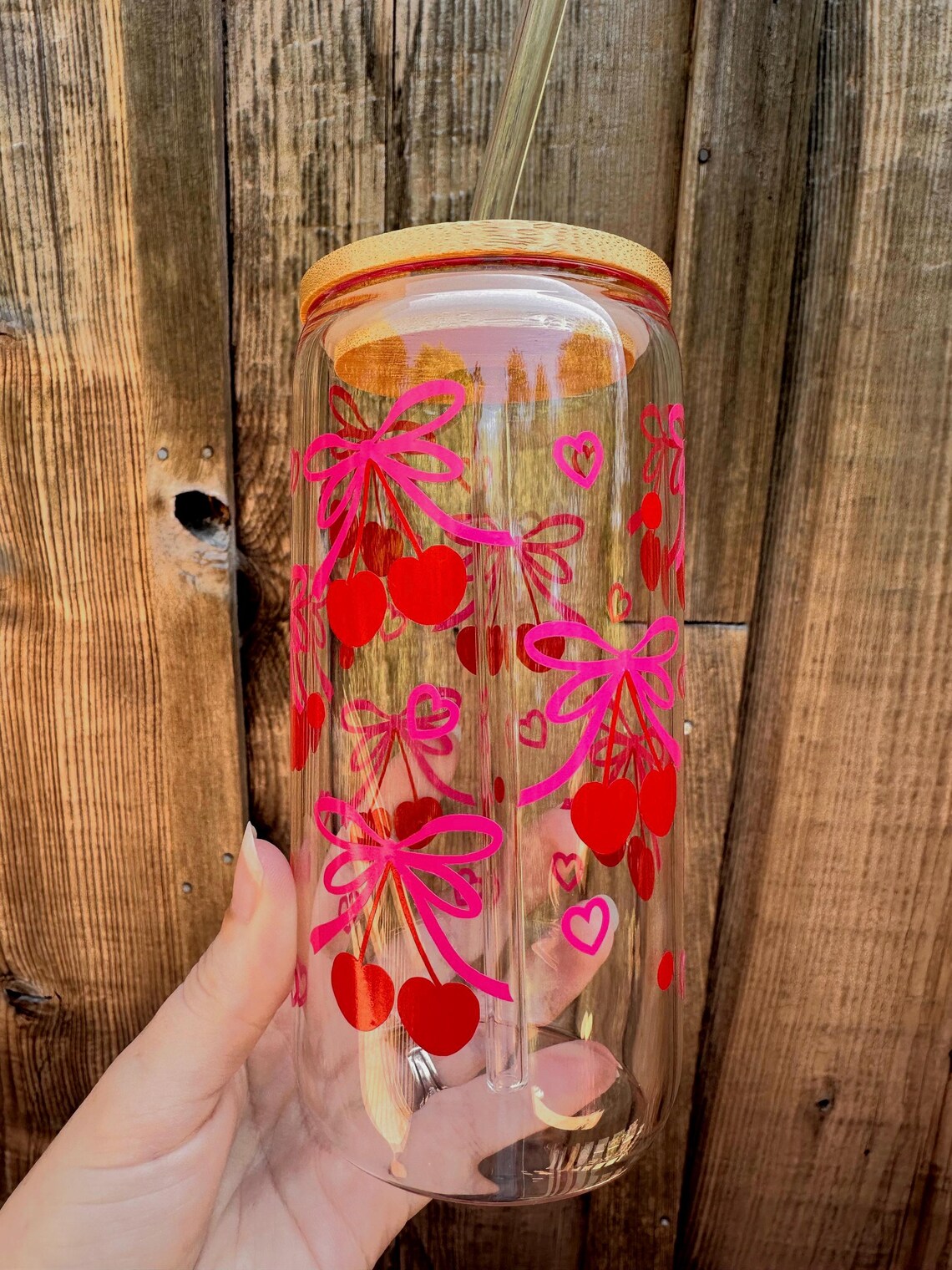 Cherry Bow 16oz Glass Cup With Straw and Lid 16oz Glass Cup Girly Cup ...