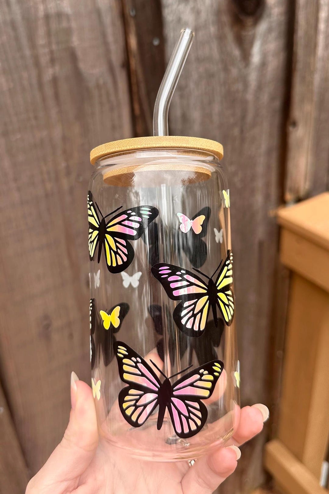 16 Oz Cute Butterfly Glass Can Cup With Bamboo Lid and Glass Straw ...