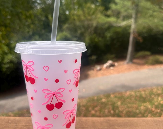 24oz Tumbler Cup With Cherries and Bows Girly Iced Coffee Cup With Lid ...