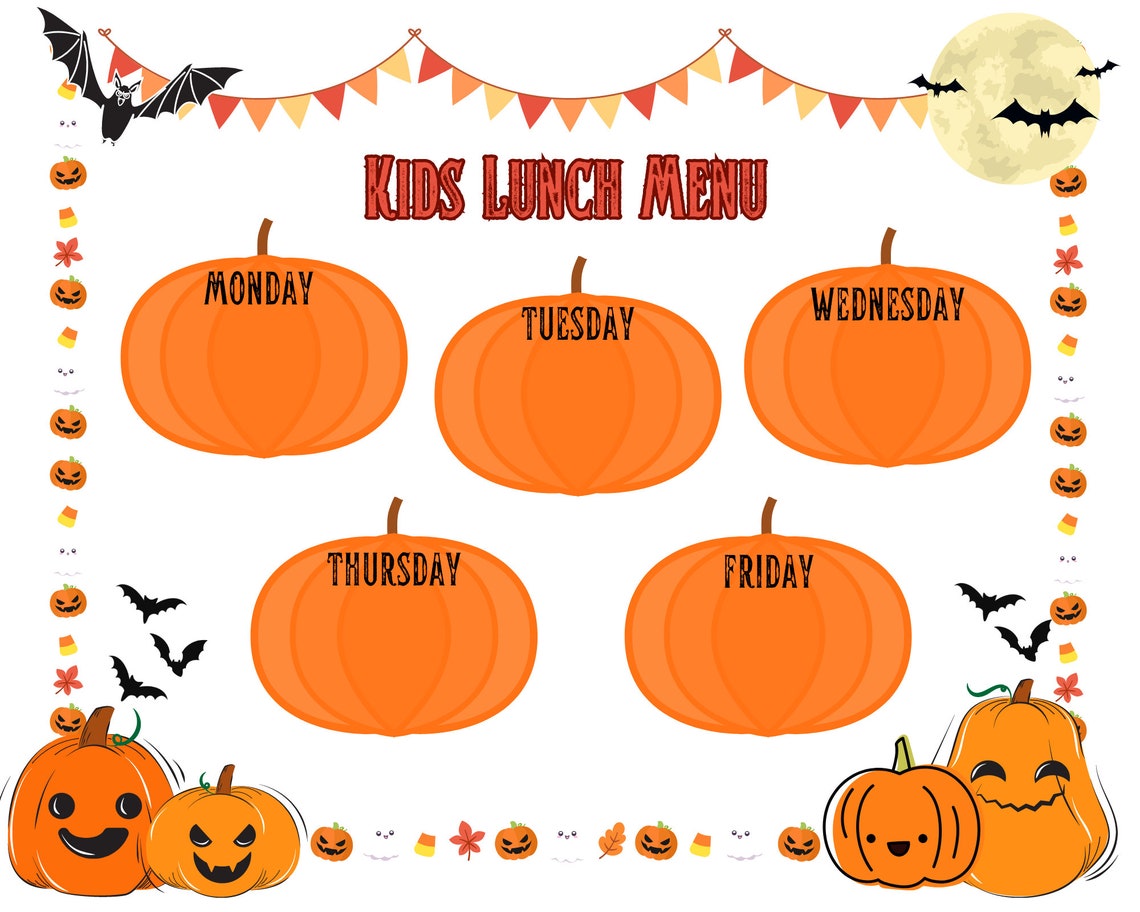 Weekly Kids Lunch Menu / Halloween Theme / Cute Pumpkins / Meal ...