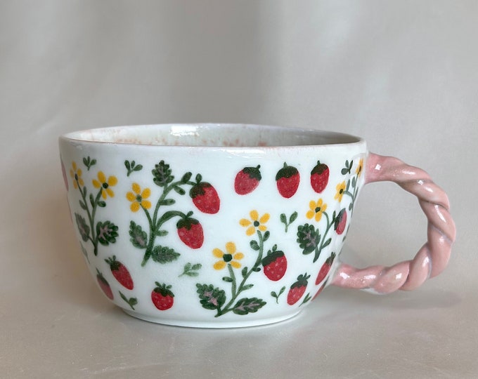 Porcelain Strawberry Fields Mug — Handmade Porcelain Cup, Hand Painted ...