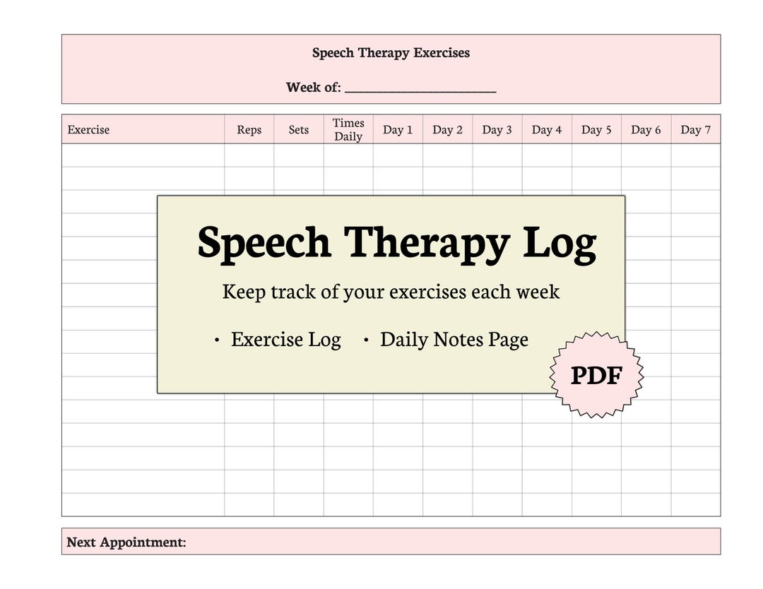 Speech Therapy Exercise Log & Weekly Tracker - PDF Download - Etsy