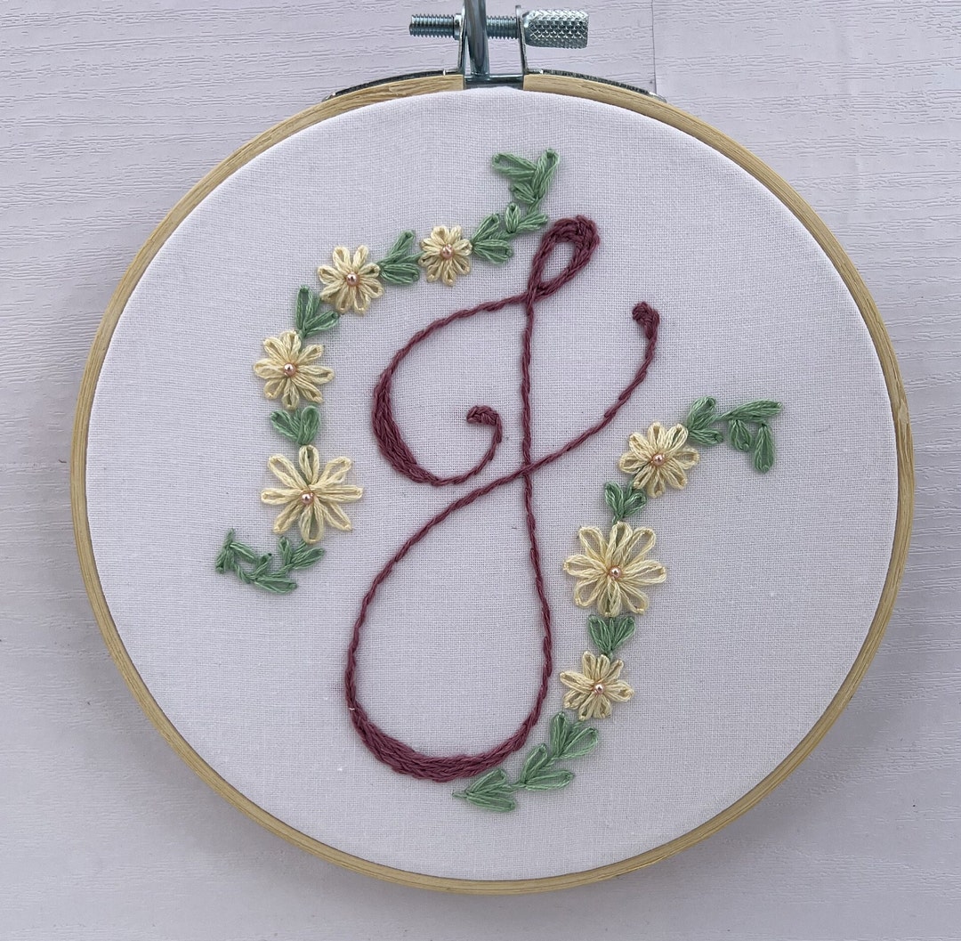 Hand Embroidered Floral Cursive Letter J With Framing Green Leaves and ...