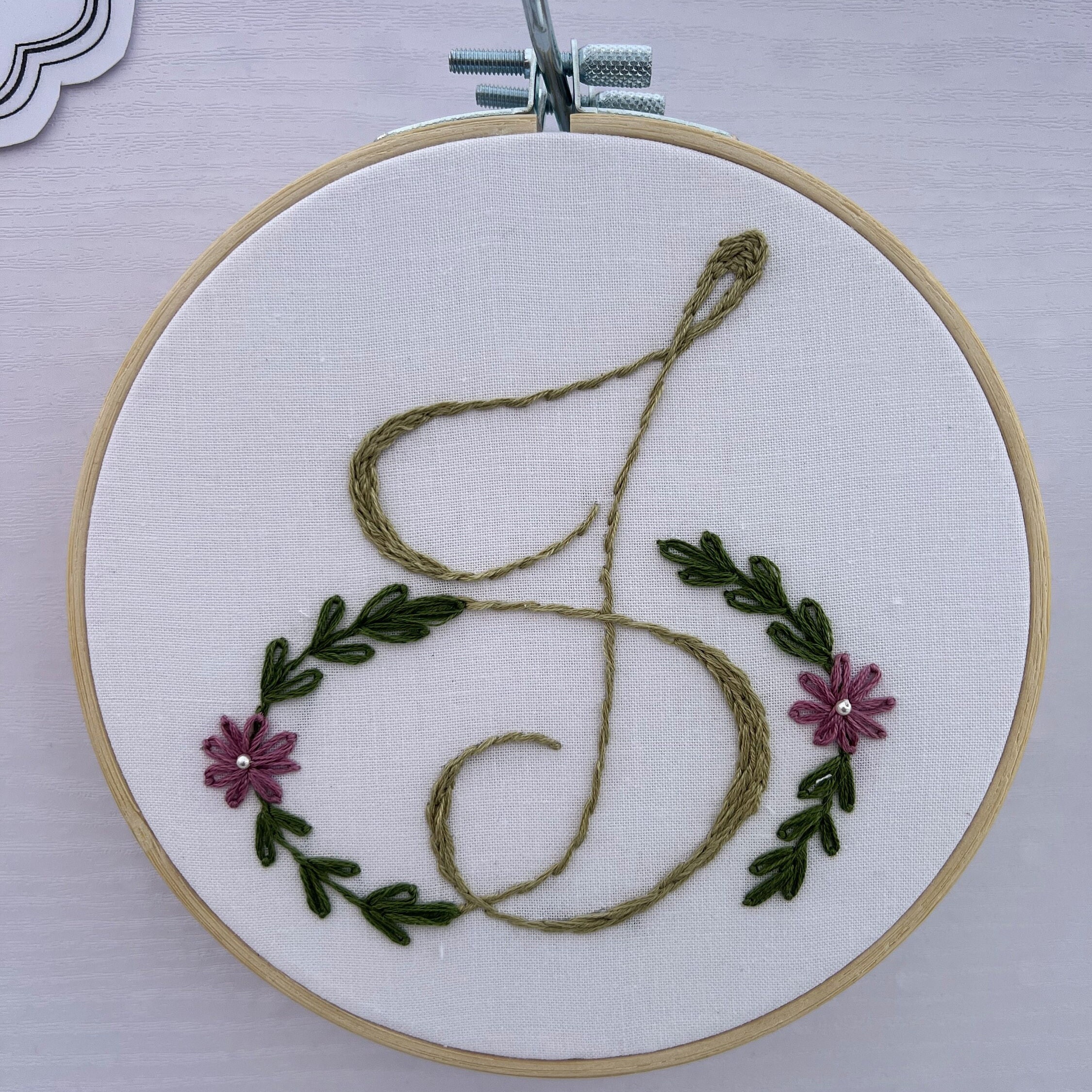 Hand Embroidered Floral Letter J With Green Leaves and Pink Flowers - Etsy