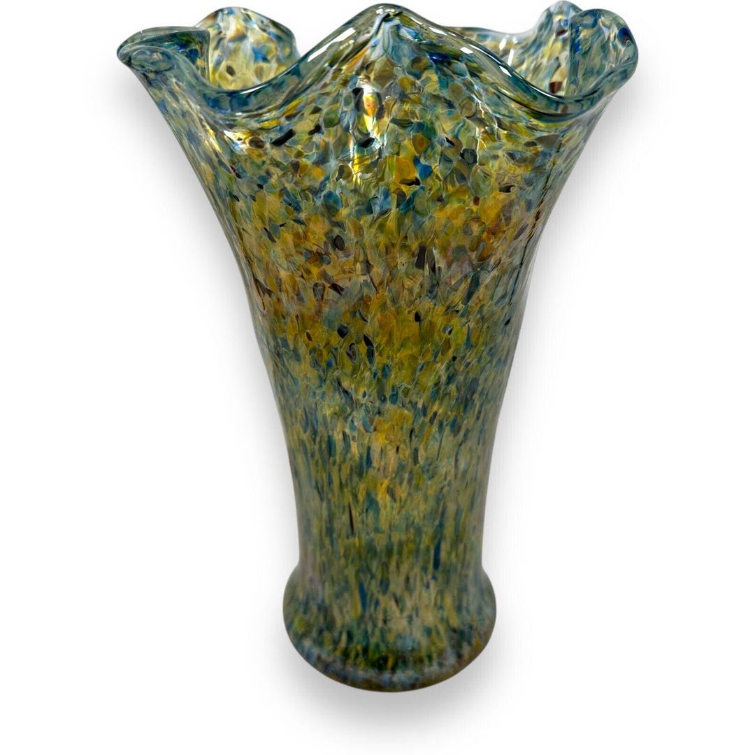 Murano Angelo Rossi Glass Vase Hand Blown Blue Yellow Splatter Ruffled ...