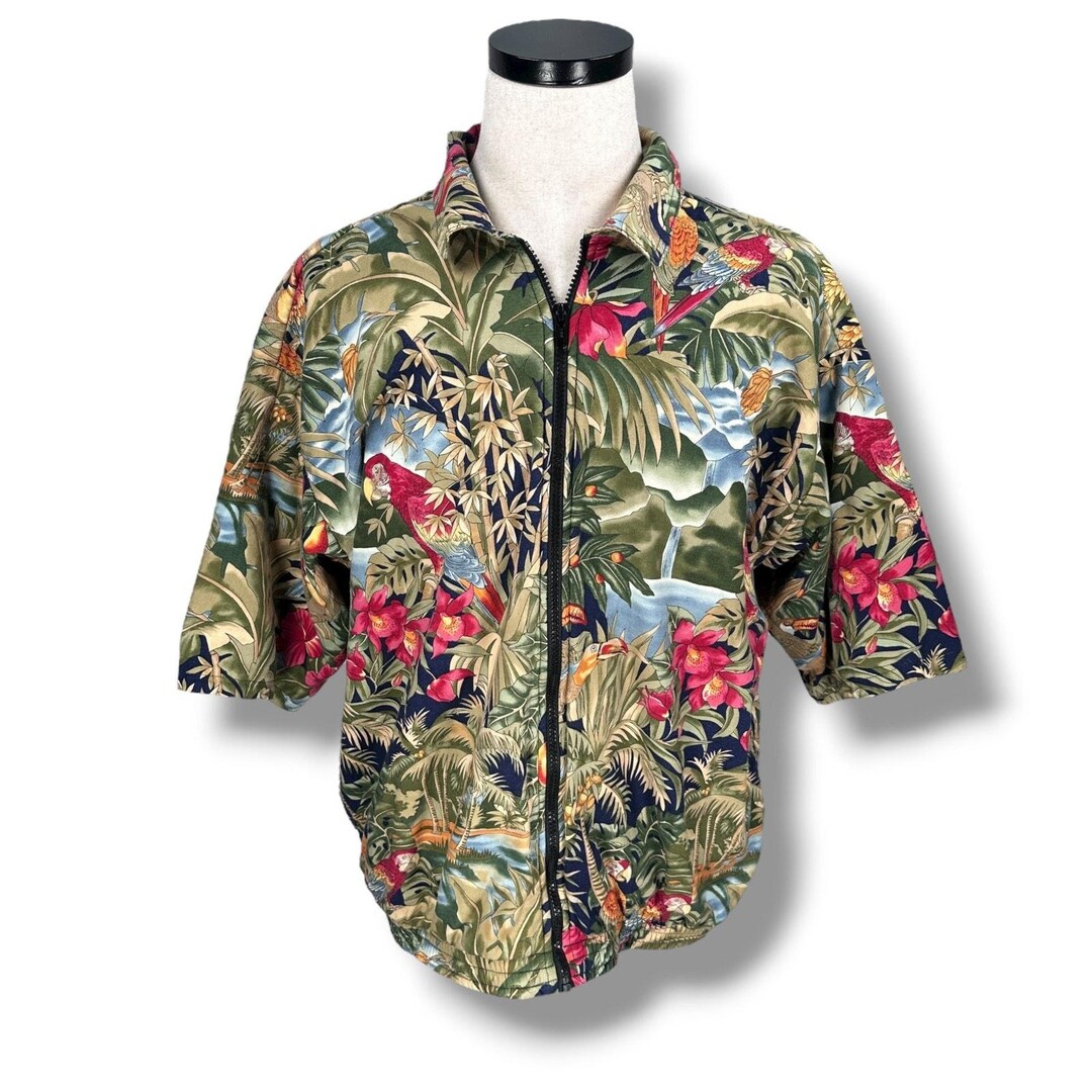Vintage Water Blocks Terry Cloth Lined Zip Coverup Jacket Men XL Floral ...