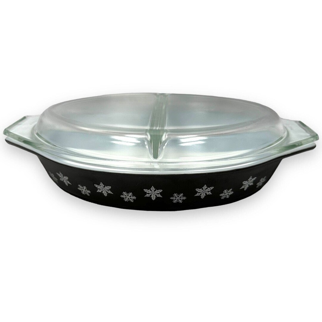 Vintage Pyrex Black Snowflake Divided Oval Casserole Dish Clear Glass ...