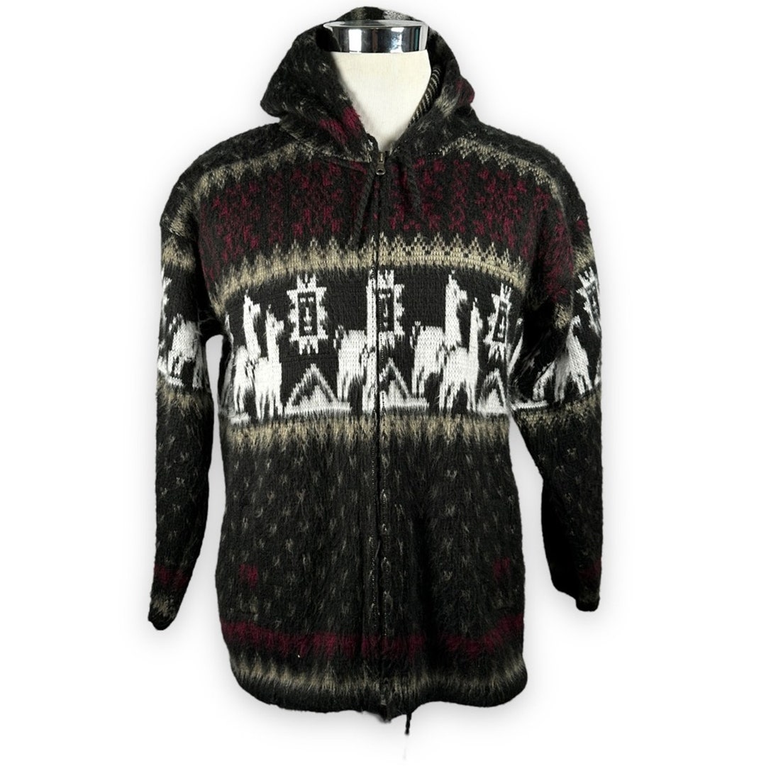 Tejidos Ruminahui Mens Cardigan Sweater Black Alpaca Full Zip Hooded ...
