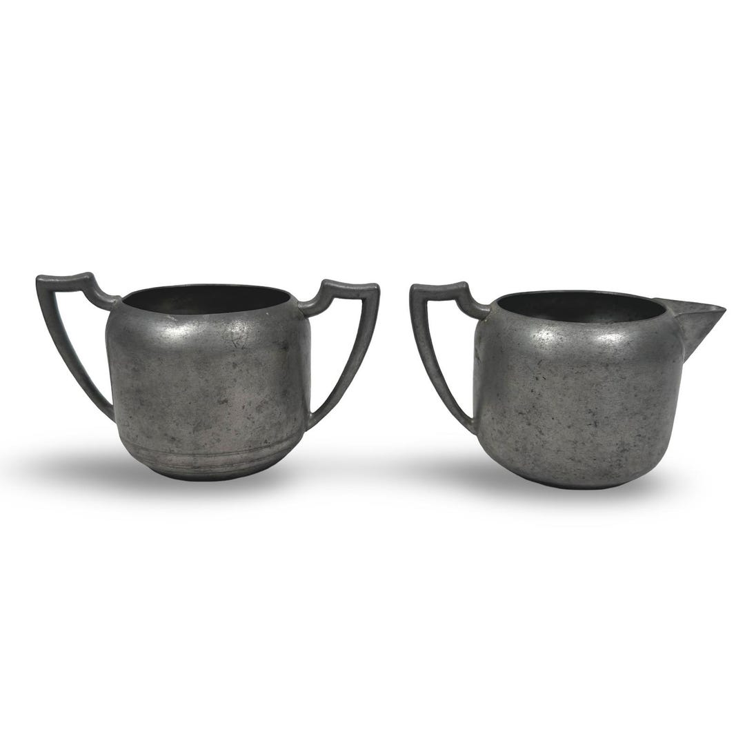 Antique Old English Pewter Creamer and Sugar Bowl Set Primitive Angular ...