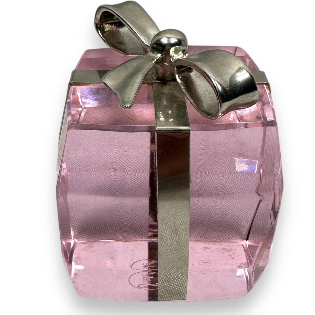 Sorelle Pink Crystal Gift Box Present Cube Ribbon Bow Glass Silver Tone ...