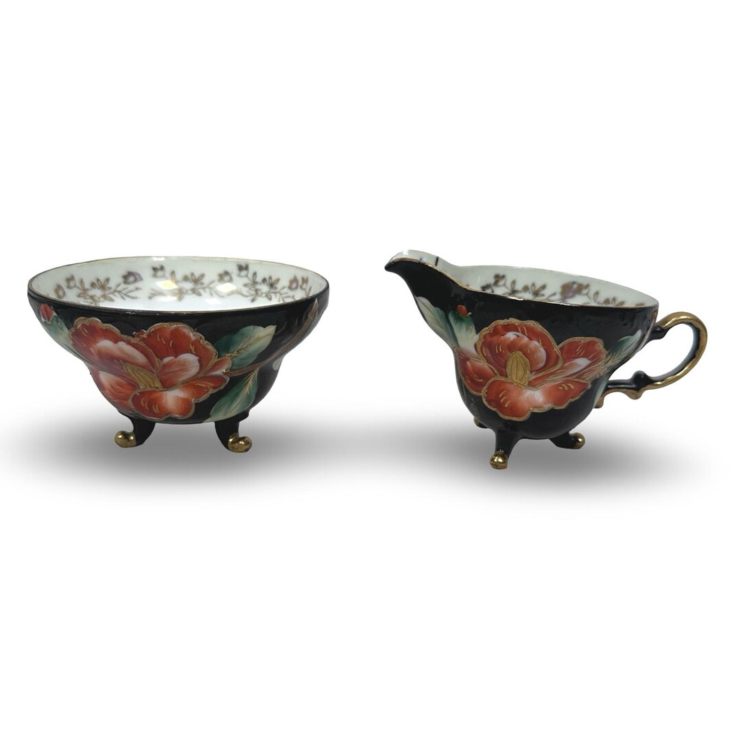 TRIMONT CHINA JAPAN Sugar Bowl Creamer Set Black Floral Gold Trim ...