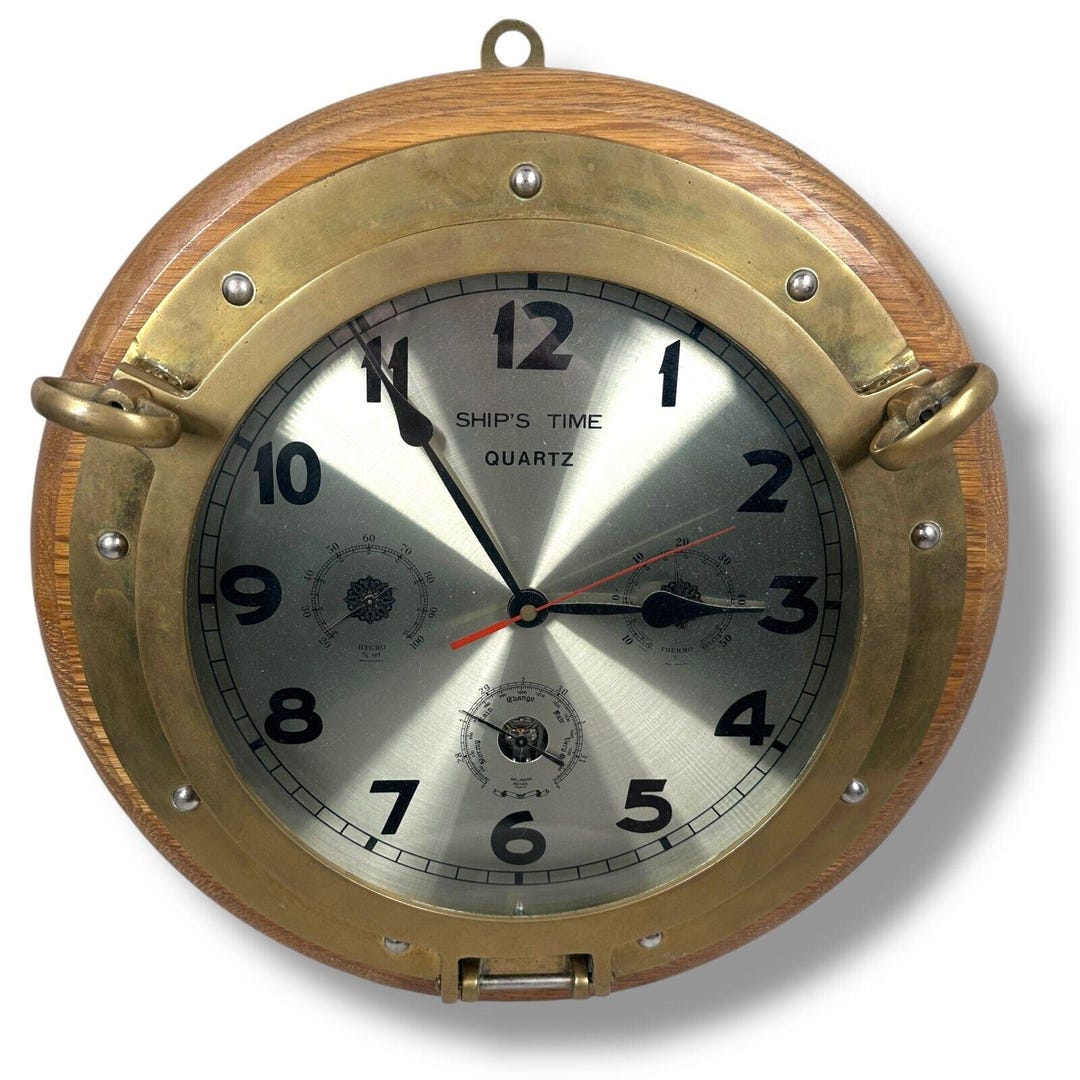 Antique Marine Corps Ship Porthole Analog Solid Brass and Wood Wall ...
