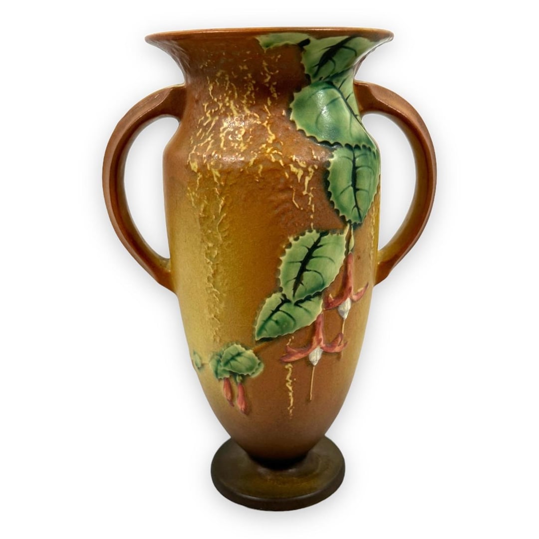 Vintage Roseville Pottery Fuchsia Vase 899-9 Brown 1938 Double Handled ...