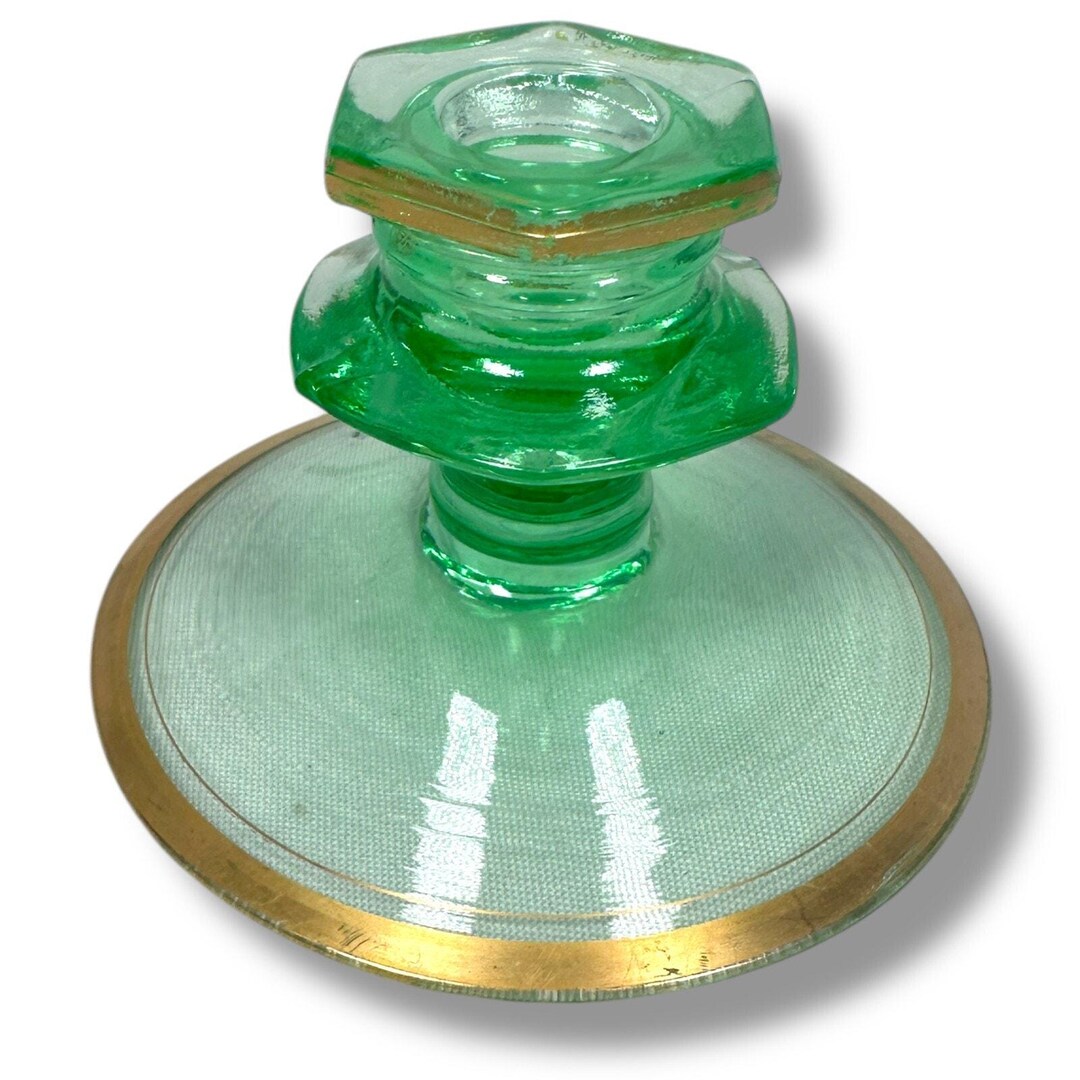 Vintage Uranium Glass Candle Stick Holder Green Art Deco Antique Glows ...