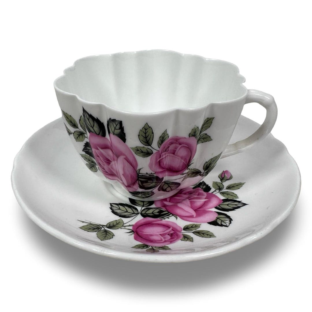 Vintage Shelley Pink Rose Tea Cup & Saucer White Fine Bone China ...