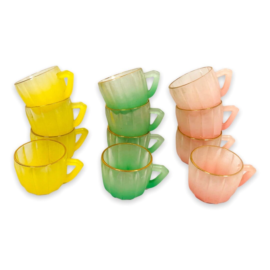 MCM Punch Glass Set 12 Vintage Frosted Satin Gold Rimmed Cups Pink ...