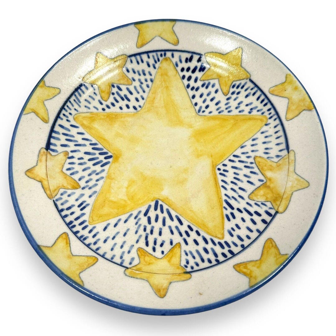 Vintage Davila Brodsky Pottery Yellow Star Plate 8.75 Blue White 1984 ...