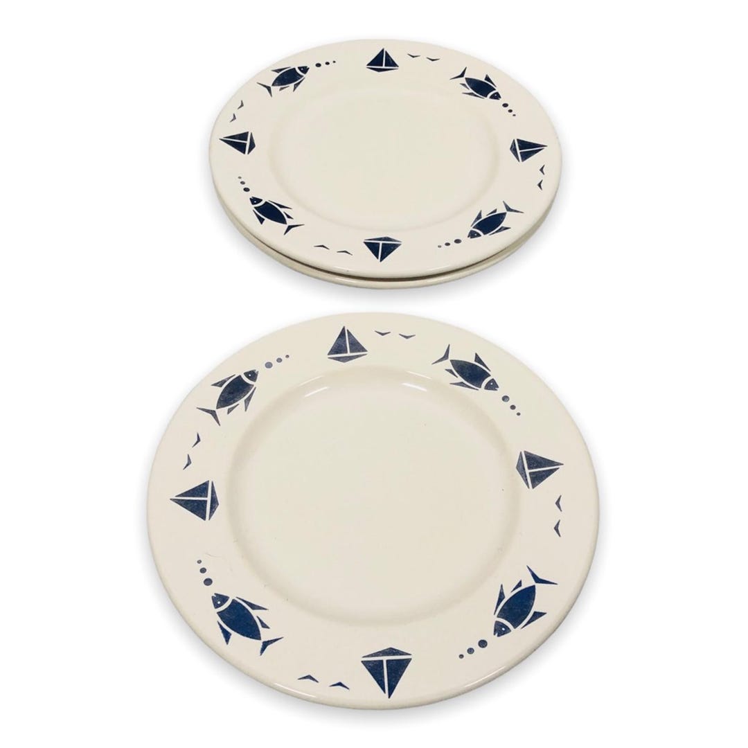 Vintage Varages Set 3 Dessert Plates White Navy Blue Fish Sailboats ...