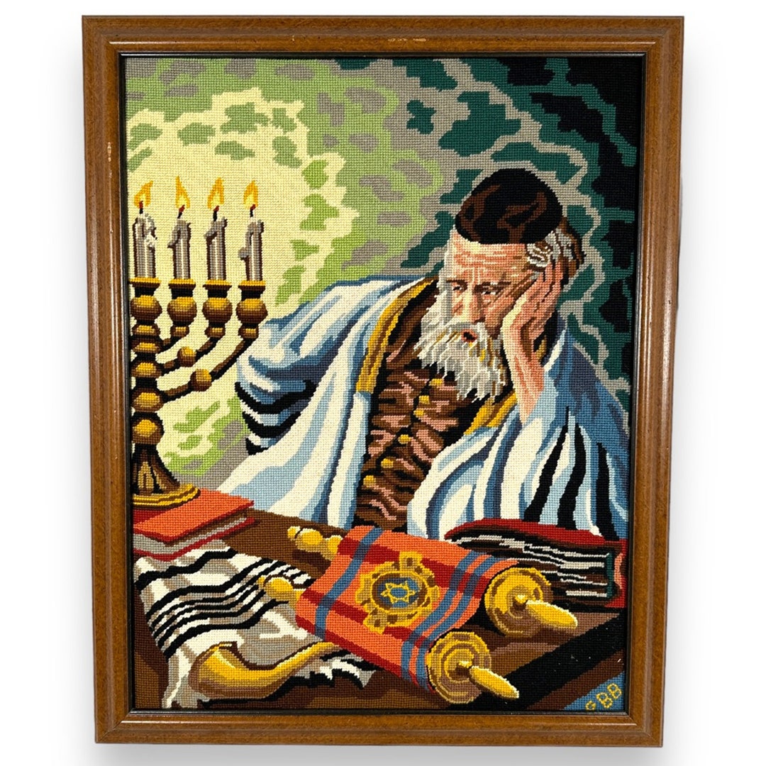 Vintage Rabbi Needlepoint Torah Menorah Meditation Jewish Framed Art 23 ...