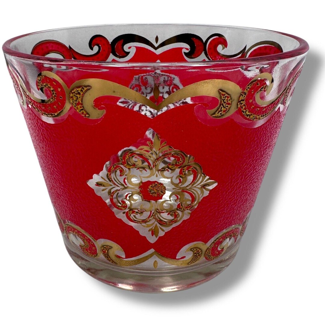 Vintage MCM Culver Starlyte Red Gold Ice Bucket 6" Round Filigree ...