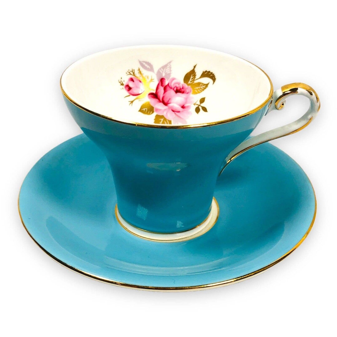 Aynsley Tea Cup Saucer Set English Bone China Light Blue Gold Vintage ...