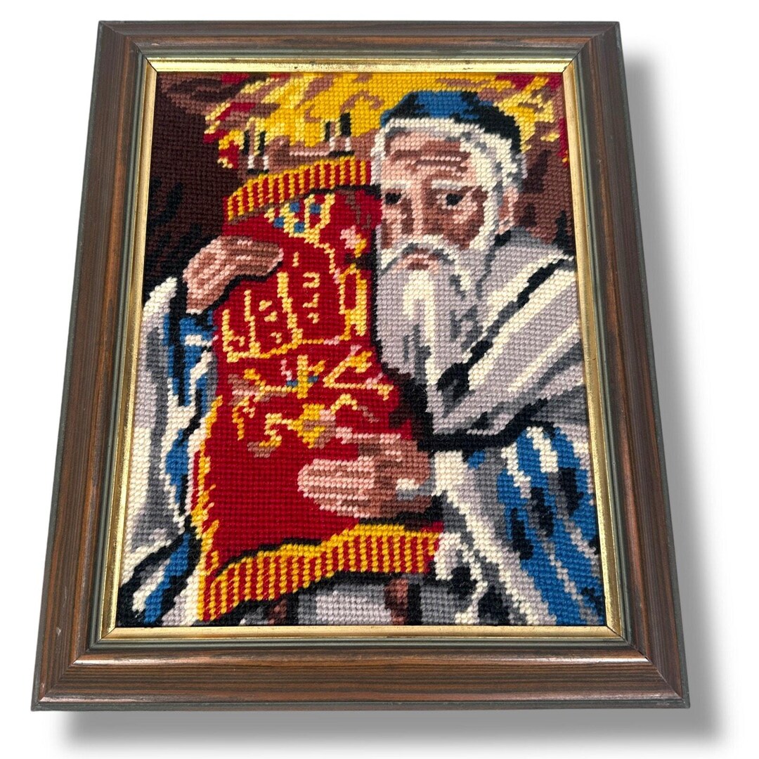 Vintage Jewish Rabbi Needlepoint Framed Religious Torah Judaica Art 10. ...