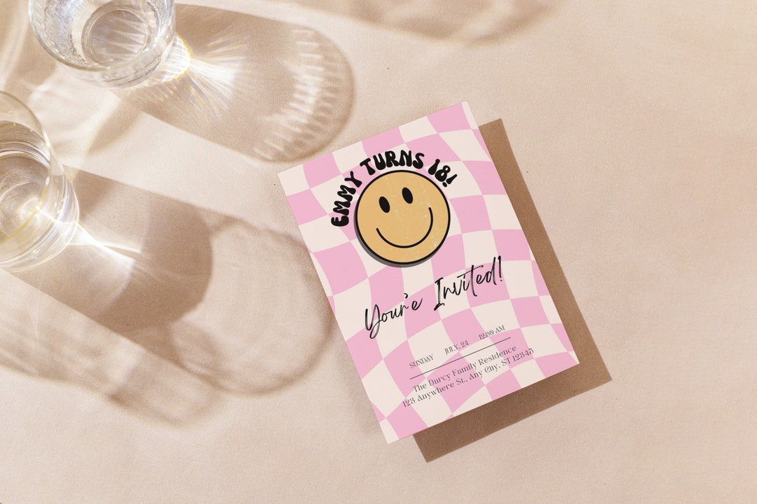Birthday Invitation Retro Birthday Invite Preppy smiley - Etsy